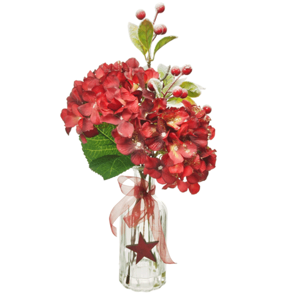 Festive Artificial Flower Arrangements | Red Hydrangeas in Bottle Vase